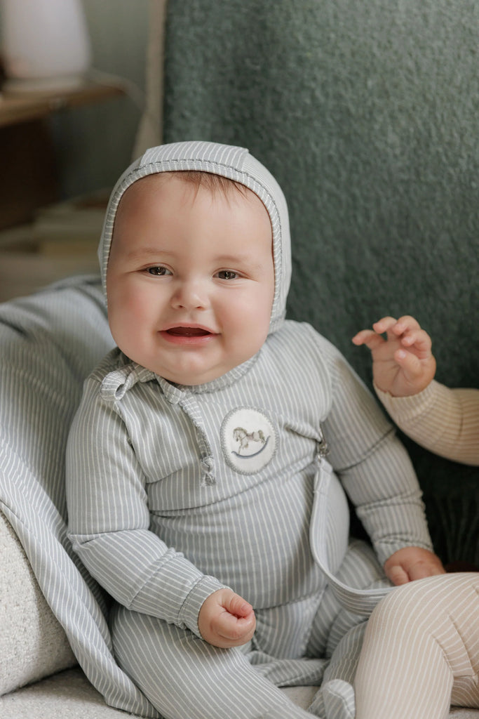 Aurora Blue Footie + Bonnet Cotton French Terry Rocking Horse | Buttons Bebe