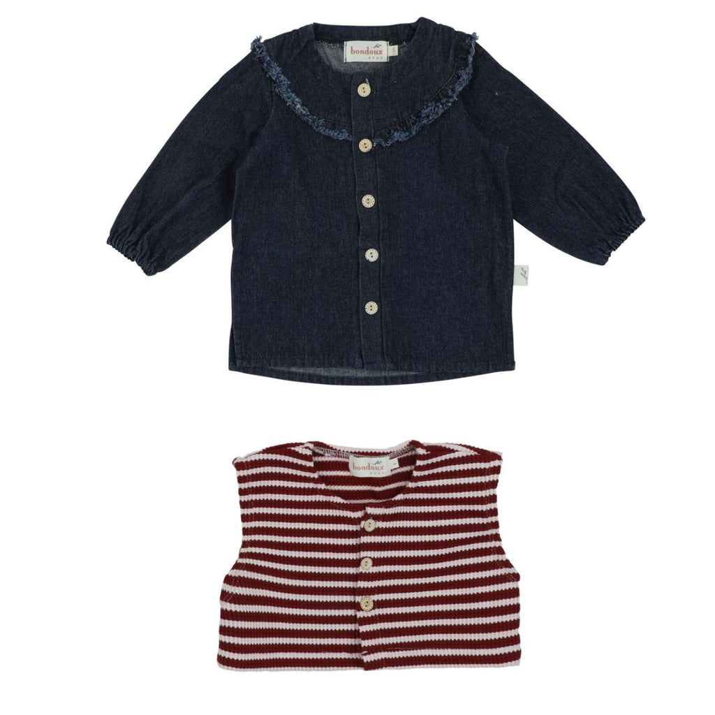 Bondoux Striped Marroon Knit Denim Top/Cardigan | Buttons Bebe