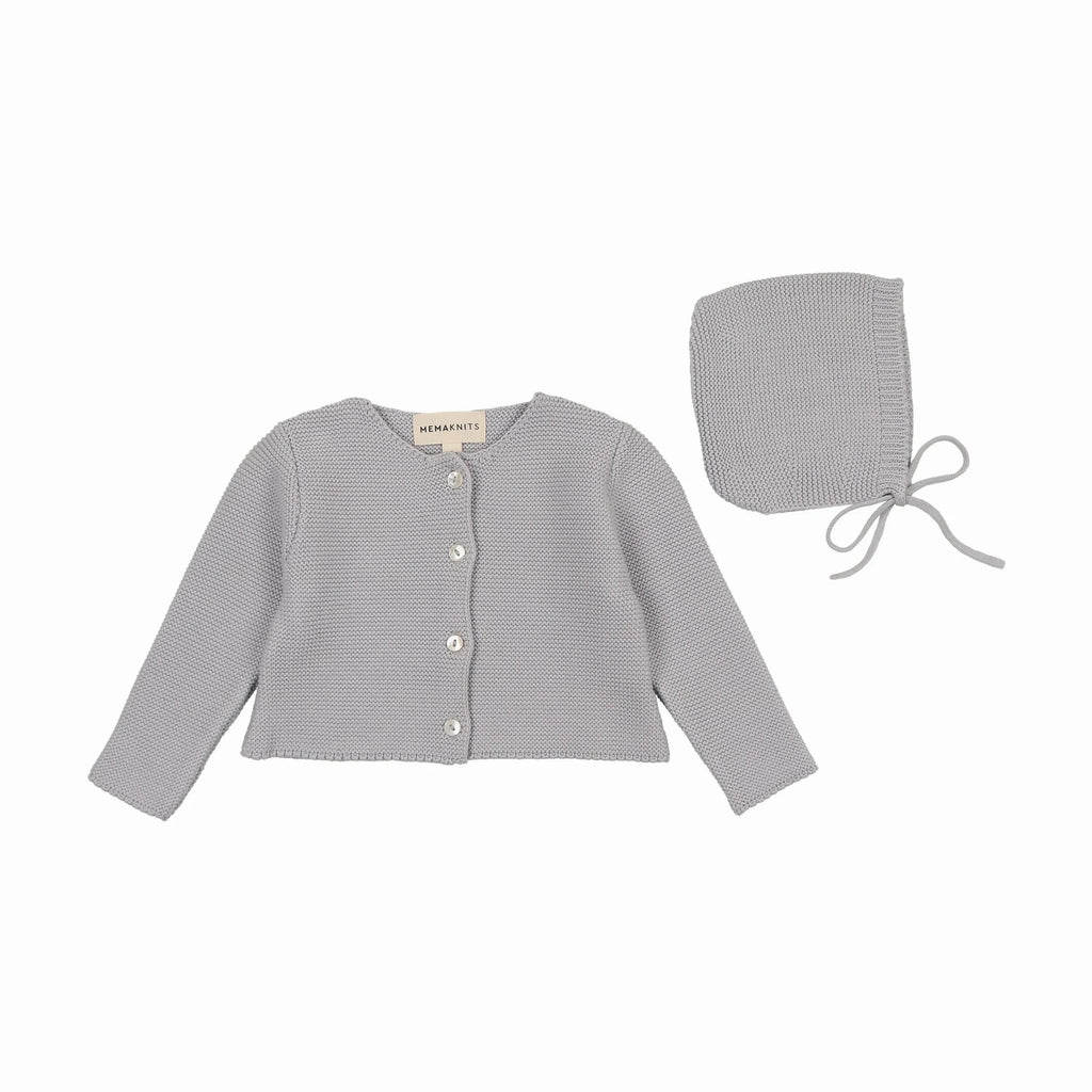 Mema Knits Light Blue Knit Cardigan + Bonnet (351) | Buttons Bebe