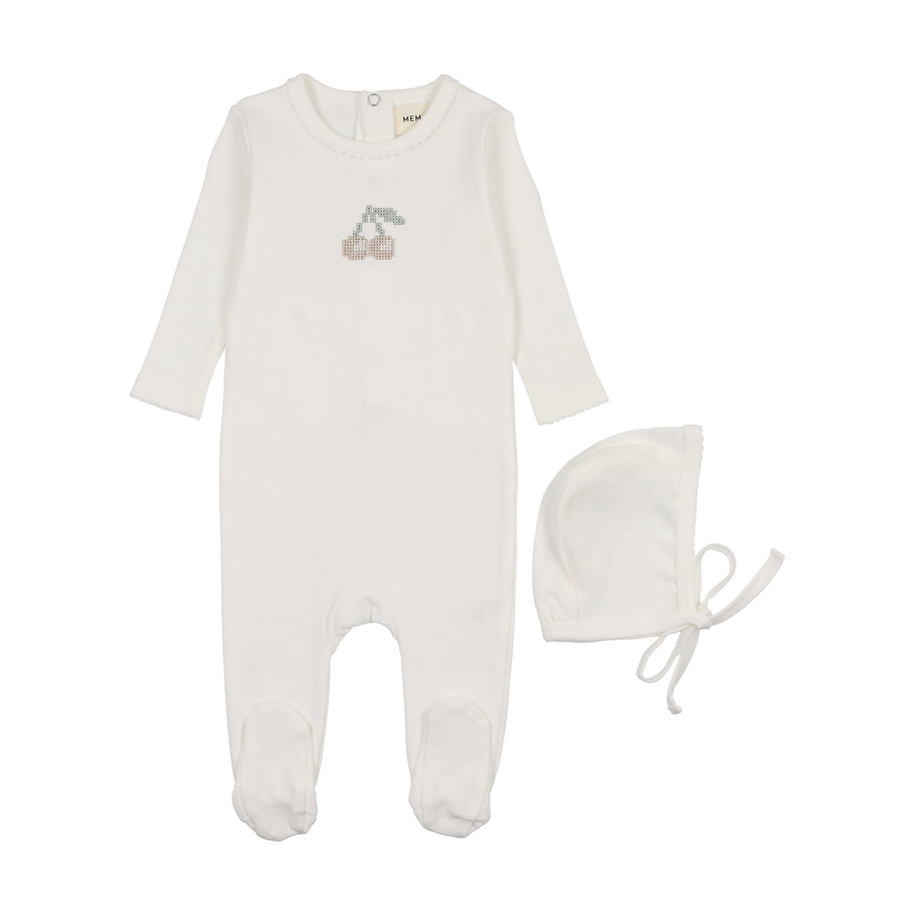 Mema Knits Winter white / taupe cherry Embroidered cherry footie + bea ...