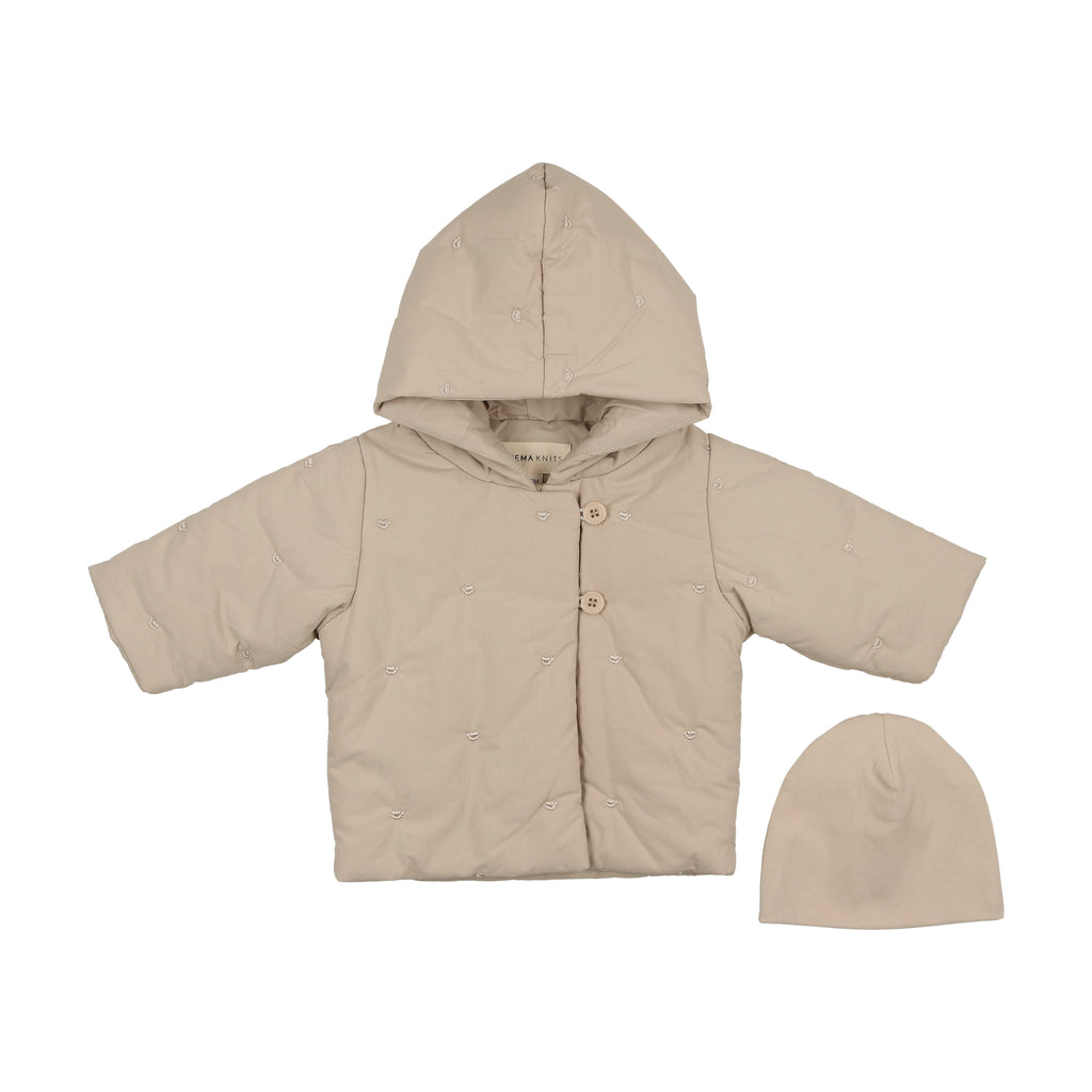 Mema Knits Taupe Quilted jacket + beanie (M340) | Buttons Bebe