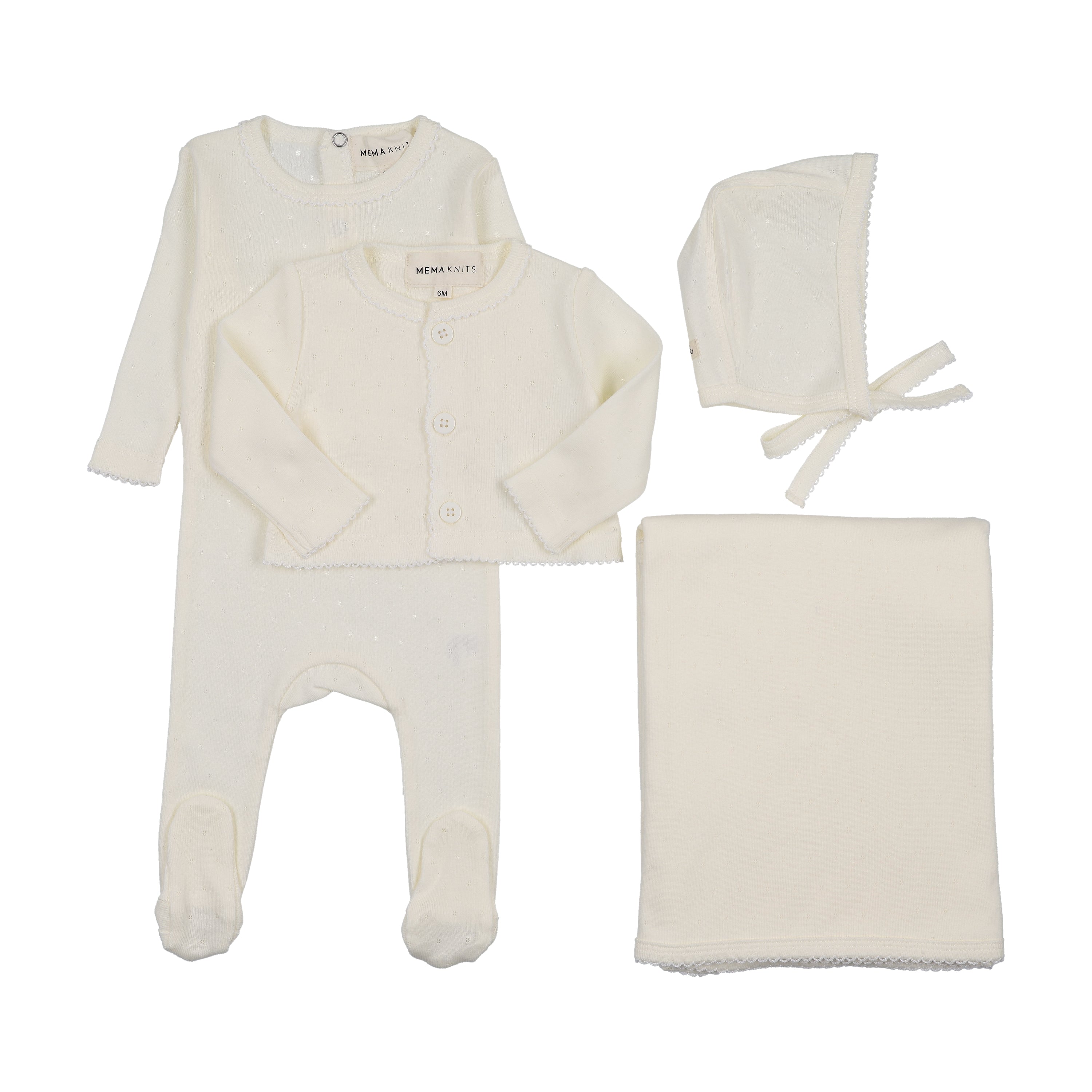 Mema Knits Winter White Pointelle Footie And Cardigan Four Piece Set ...