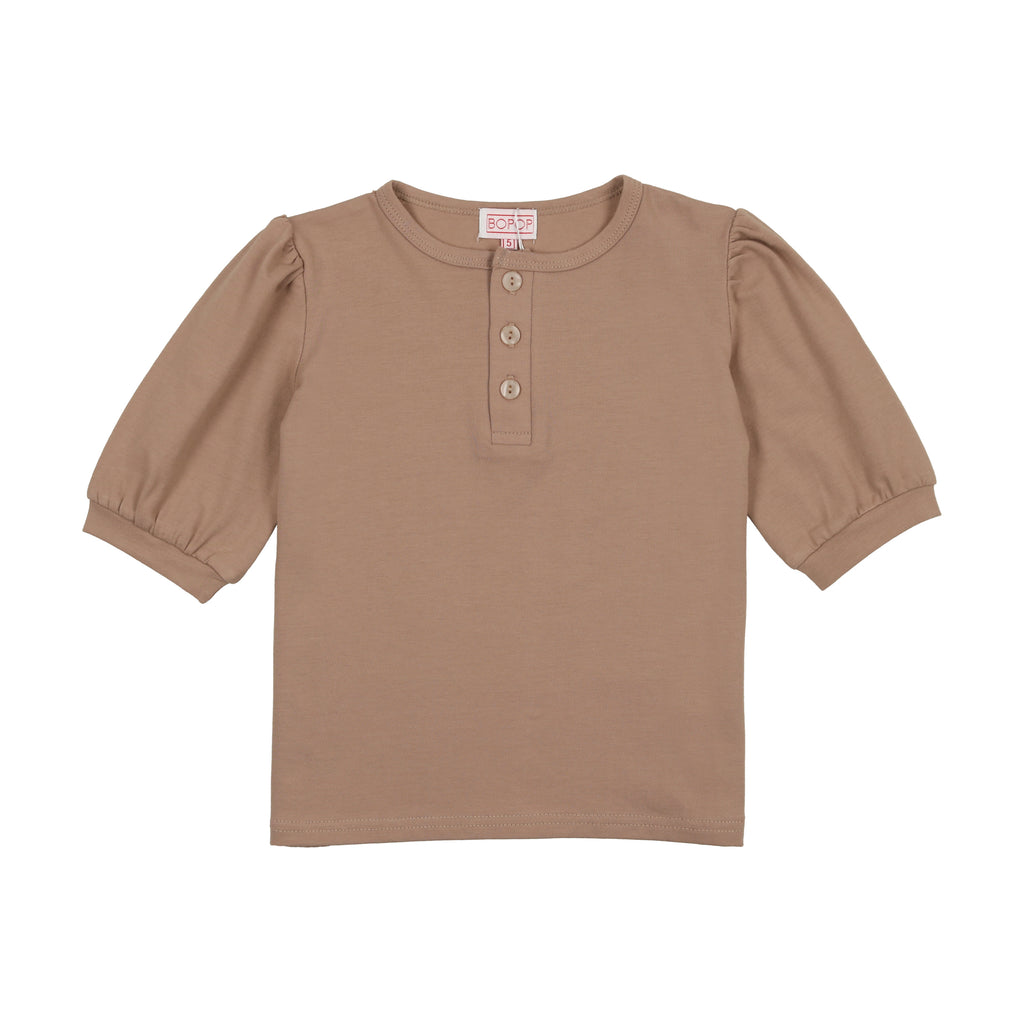 Bopop Gingham Sand Short Sleeve Puffed Tee - Buttons Bebe | Buttons Bebe